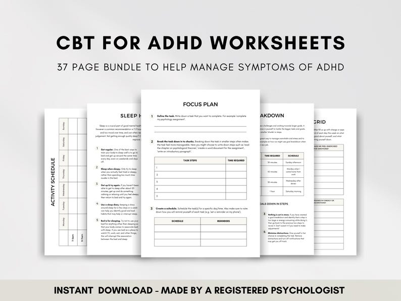 CBT for ADHD Worksheets for Therapists and Counselors, Neurodiversity ...