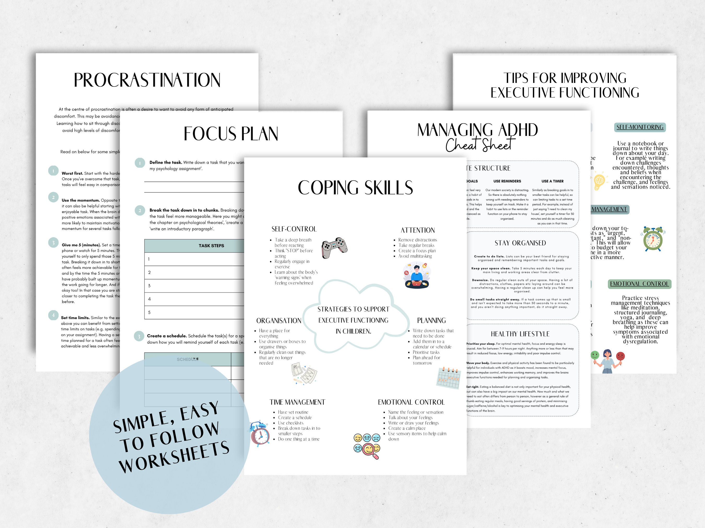 ADHD Executive Functioning Worksheets With Coping Skills & SMART Goal ...