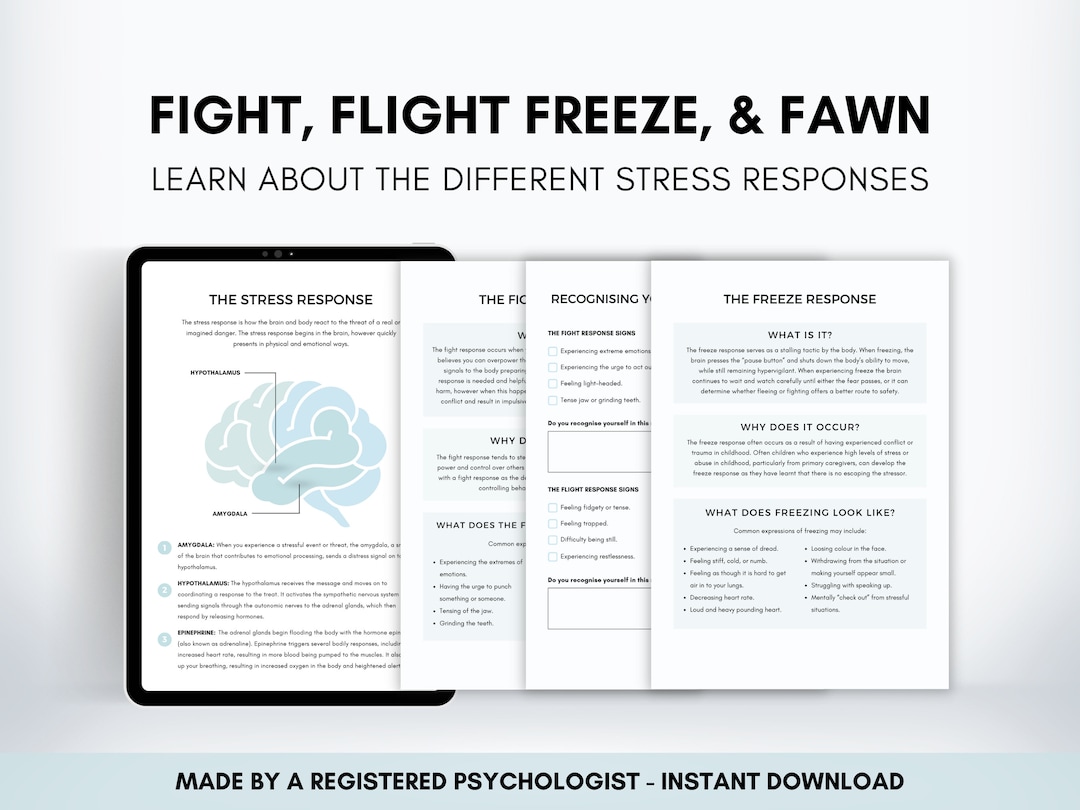 Fight Flight Freeze Fawn Response Worksheet Bundle, Therapist Resource ...
