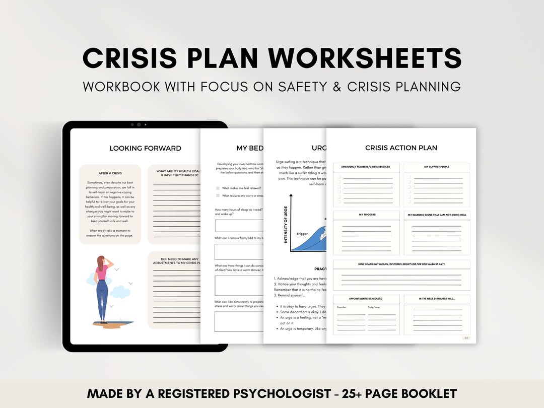 Crisis Plan Therapy Worksheets for Suicidal Ideation, Safety Plan ...