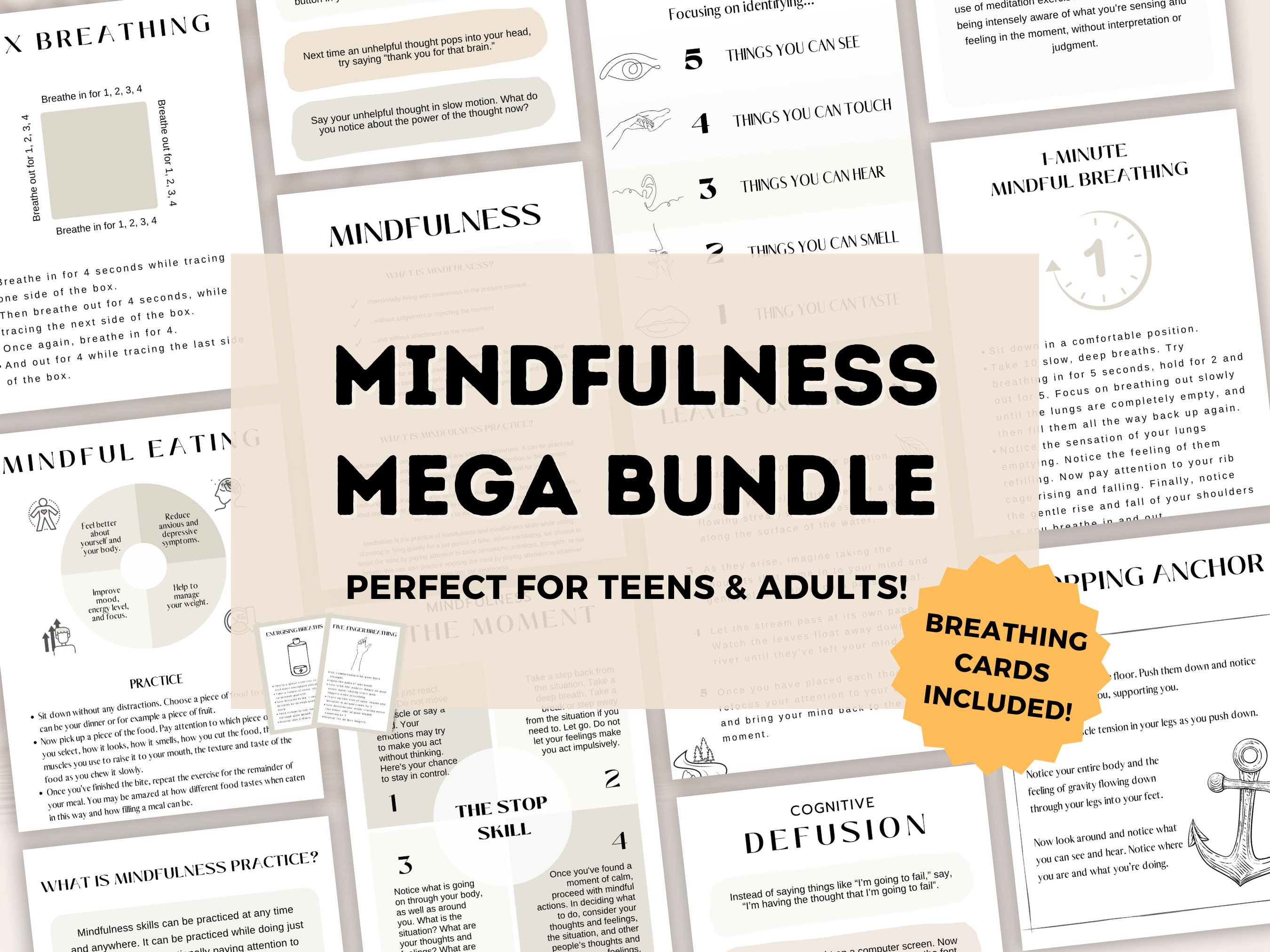 Mindfulness Worksheets for Adults and Teens Mindfulness Breathing Cards ...