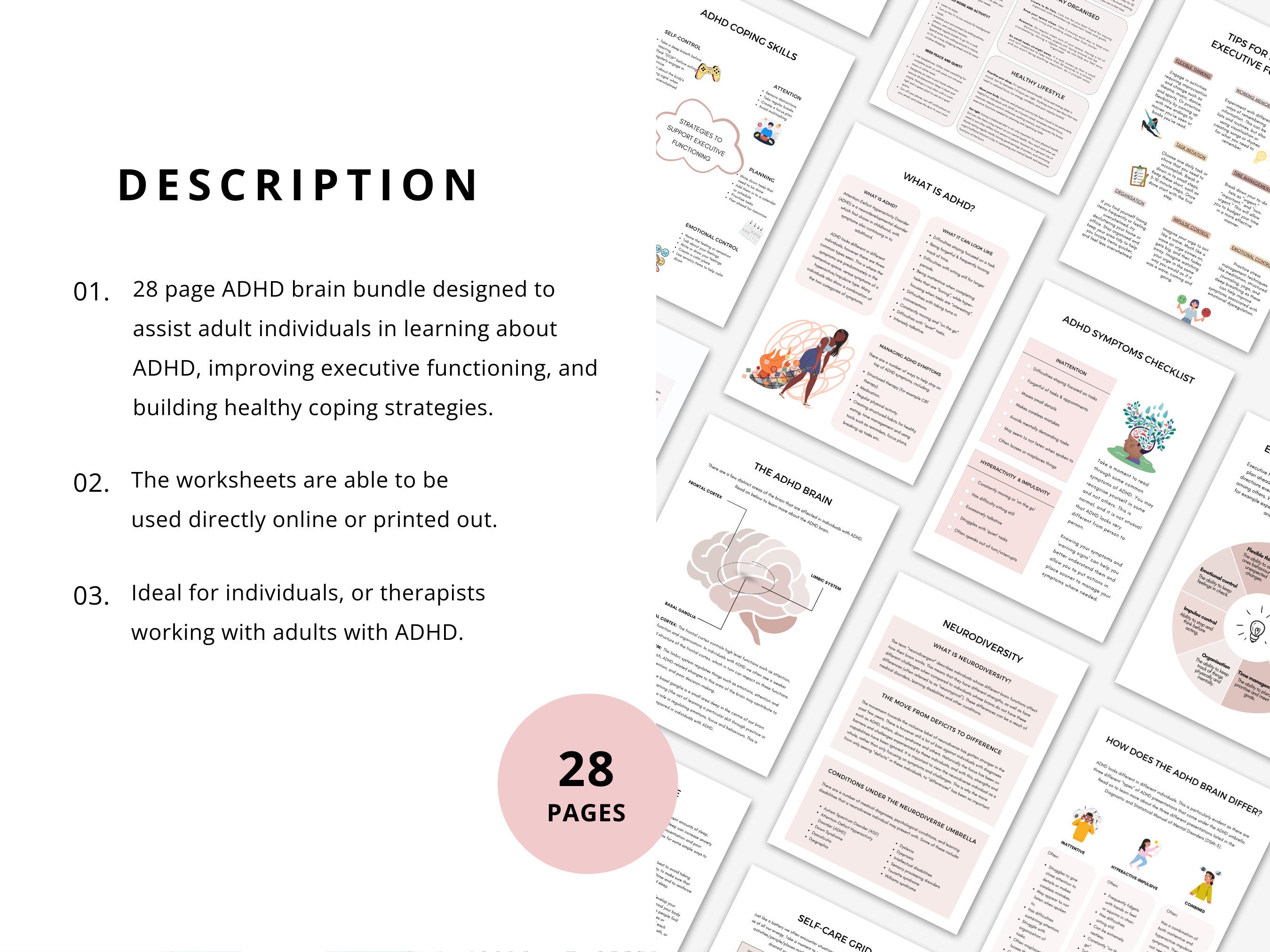 Adult ADHD Symptoms Worksheets, ADHD Late Diagnosis Therapist Resource ...