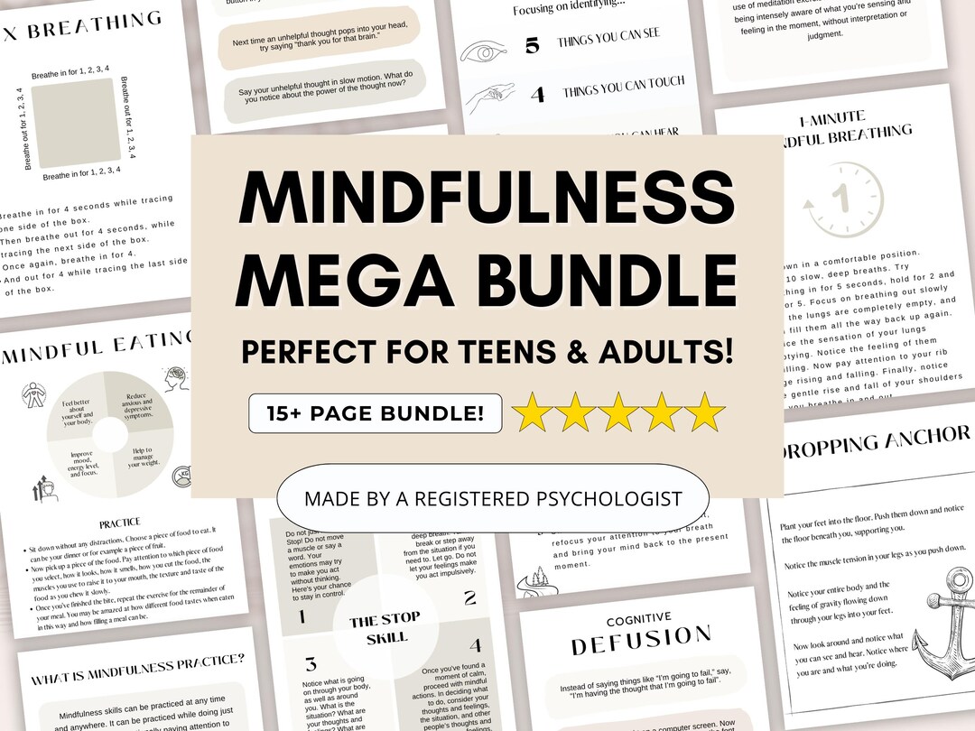 Mindfulness Worksheets & Breathing Cards Bundle With Cognitive Defusion ...