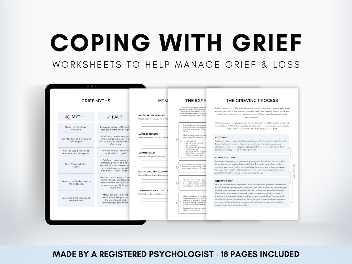 Grief Therapy Worksheets for Adults, Coping Skills for Grief and Loss, Grievance Journal, ACT ...