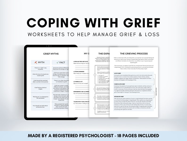 Grief Therapy Worksheets for Adults, Coping Skills for Grief and Loss ...