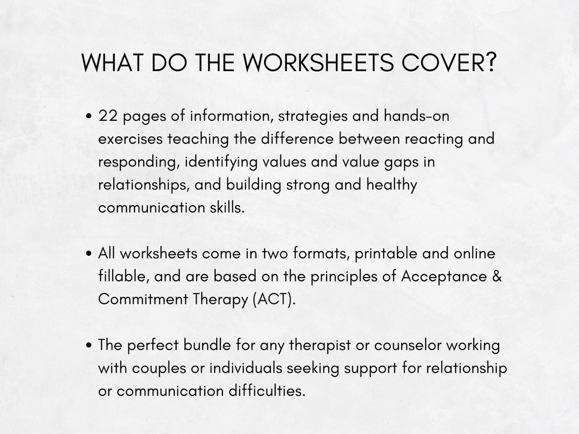 ACT Therapy Worksheets for Couples, Acceptance and Commitment Therapy ...