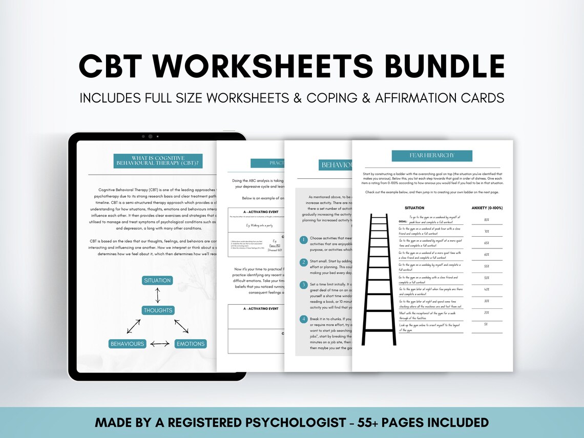 CBT Worksheets & Coping Cards Affirmation Bundle, Exposure Therapy for ...