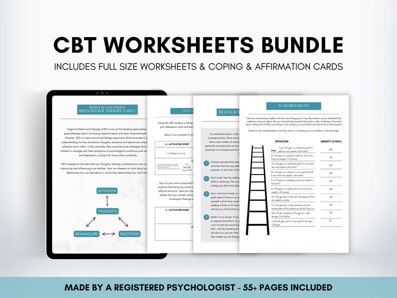 CBT Worksheets & Coping Cards Affirmation Bundle, Exposure Therapy for ...
