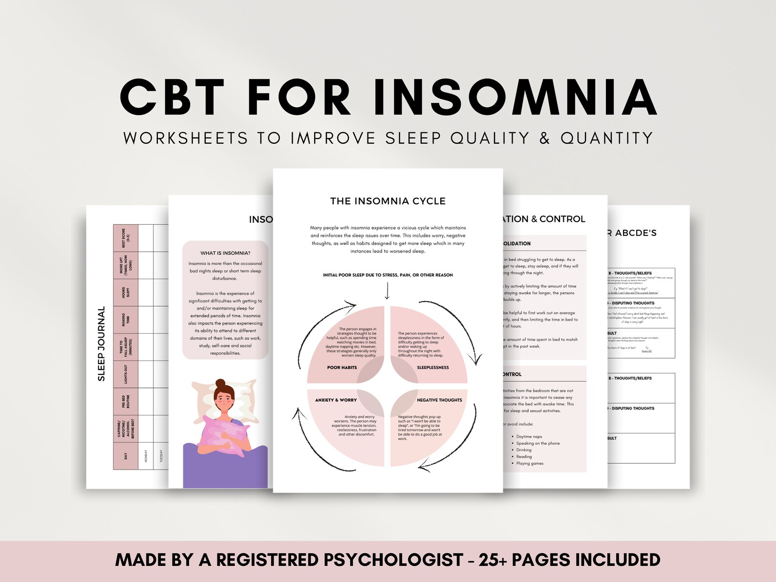 Insomnia Worksheets Bundle, CBT Journal Resource for Better Sleep Hygiene, Cognitive Behavioural ...