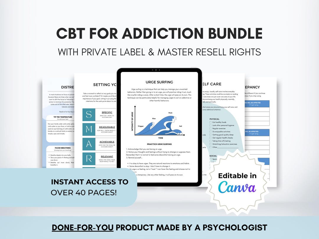 CBT Addiction Worksheets Bundle: Canva Editable, Resell Rights (digital ...