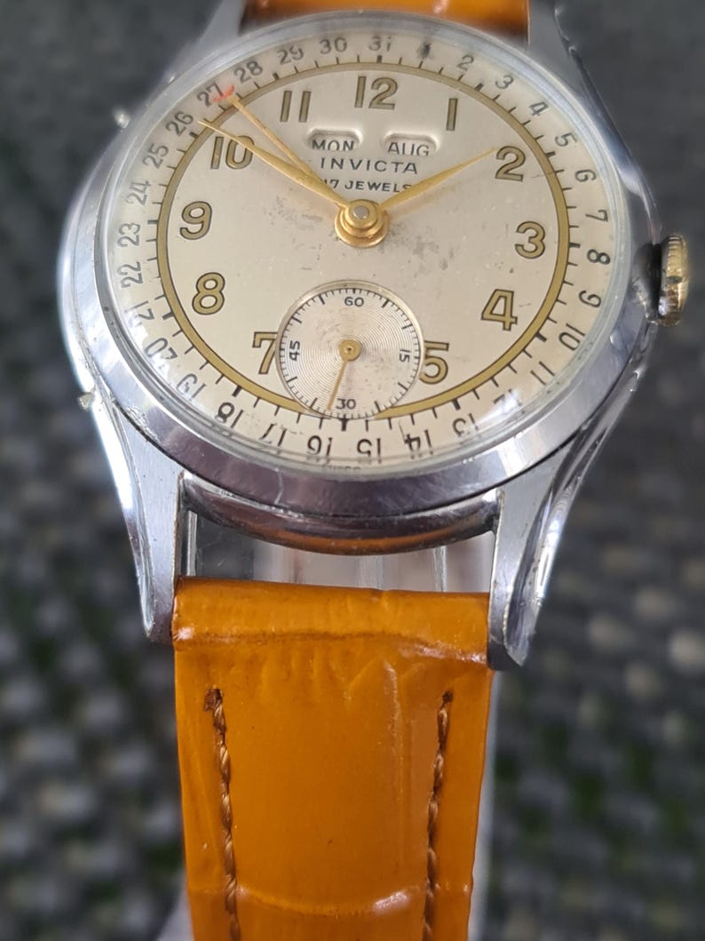 Rare Mens Vintage INVICTA 17 J ETA 1164 Triple Date Pointer Mechanical ...