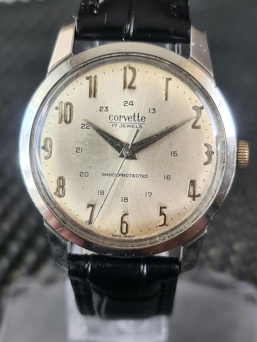 Rare Vintage CORVETTE 24 Hour Dial 17 Jewel Incabloc Stainless Steel ...