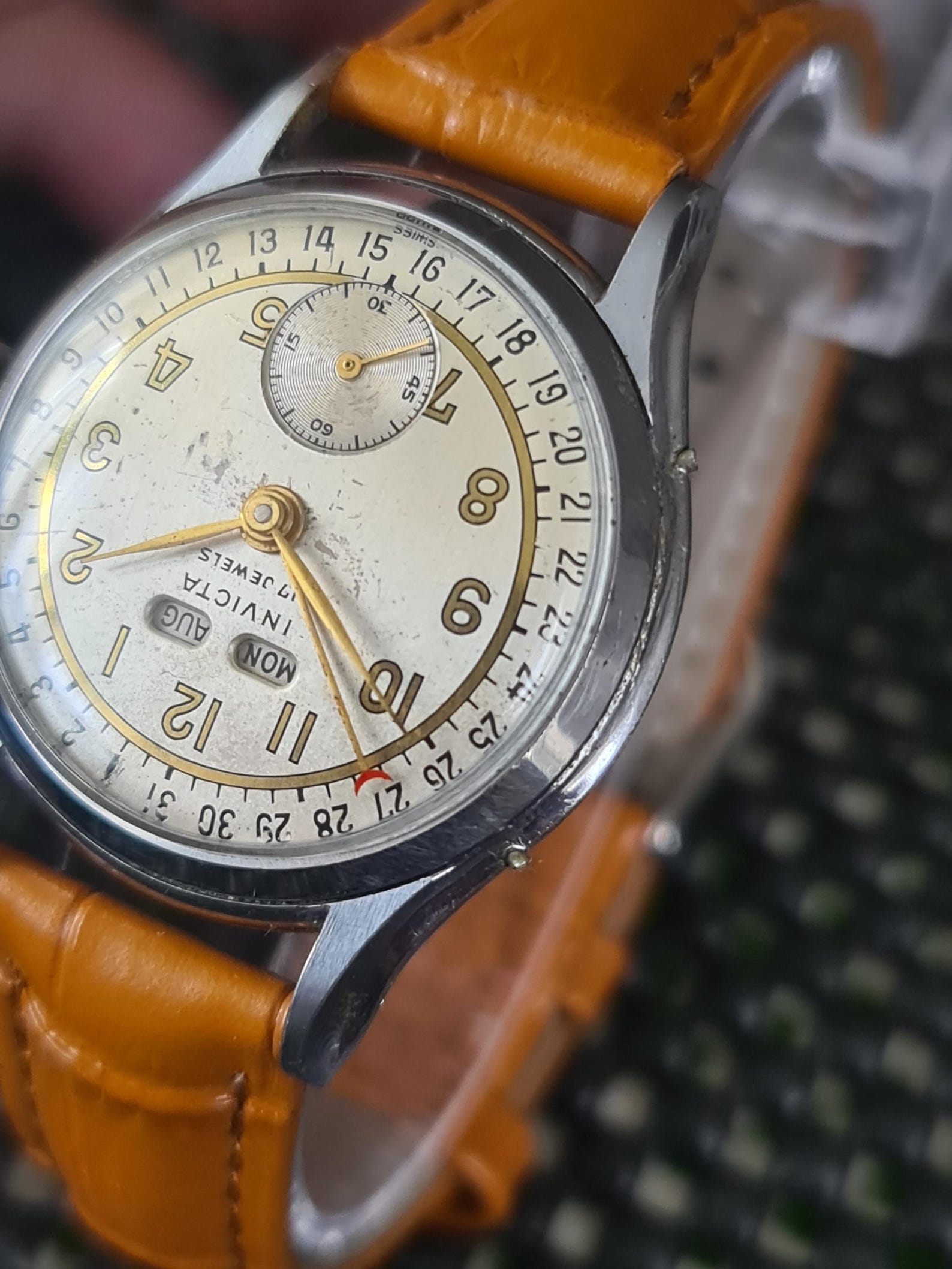 Rare Mens Vintage INVICTA 17 J ETA 1164 Triple Date Pointer Mechanical ...