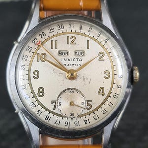 Rare Mens Vintage INVICTA 17 J ETA 1164 Triple Date Pointer Mechanical ...