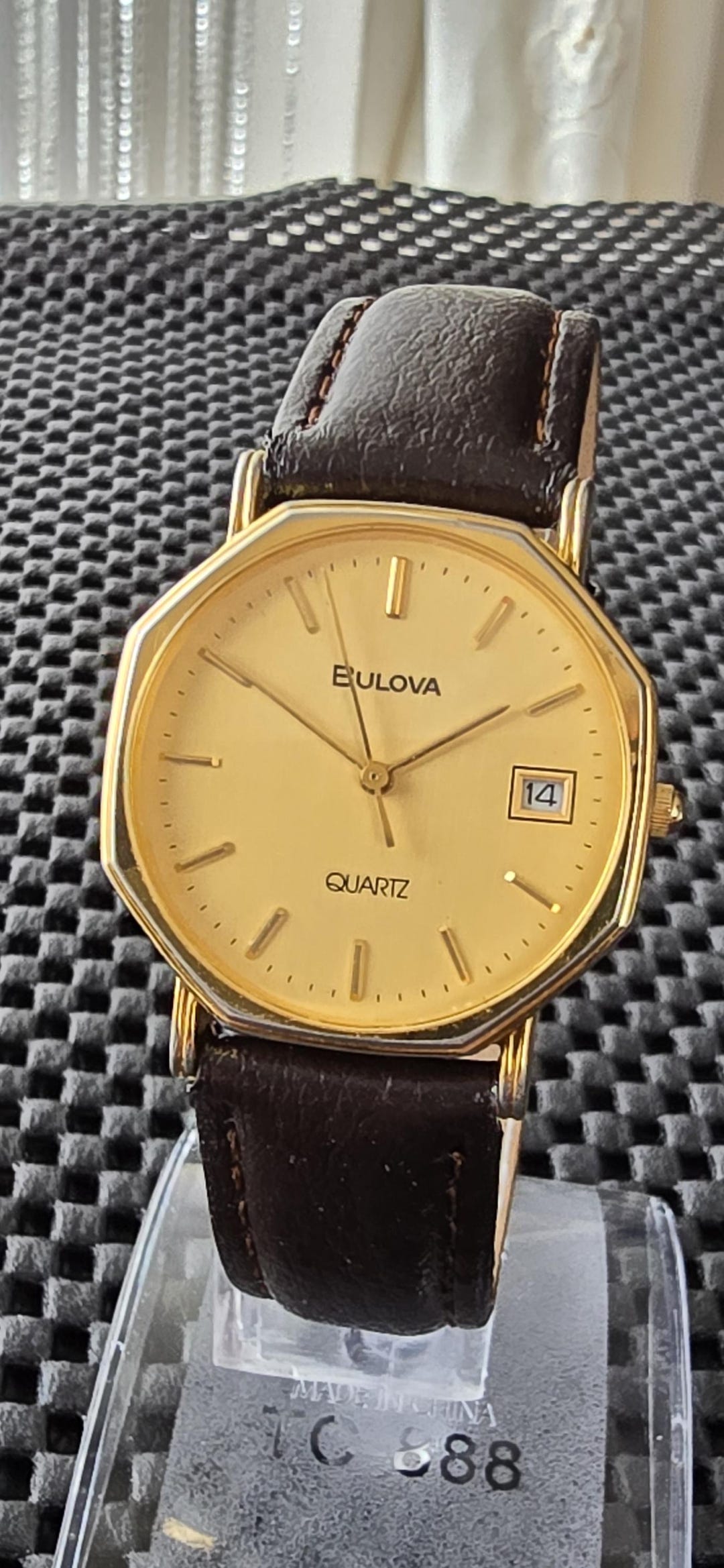Rare Octagonal Mens Gold Plated Vintage BULOVA Date Quartz Wristwatch ...