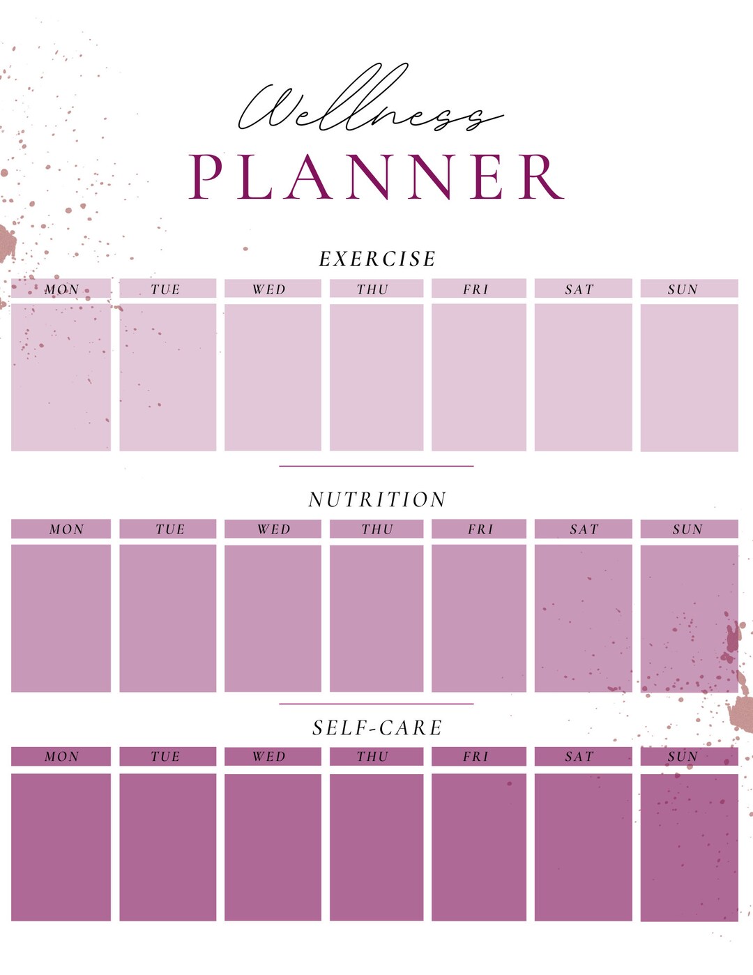 Wellness Planner - Single Page Weekly Self Care Planner - Berry Pink ...