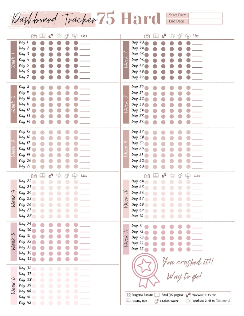 Designer Printable Tracker for My 75 Day Wellness and Fitness Challenge ...