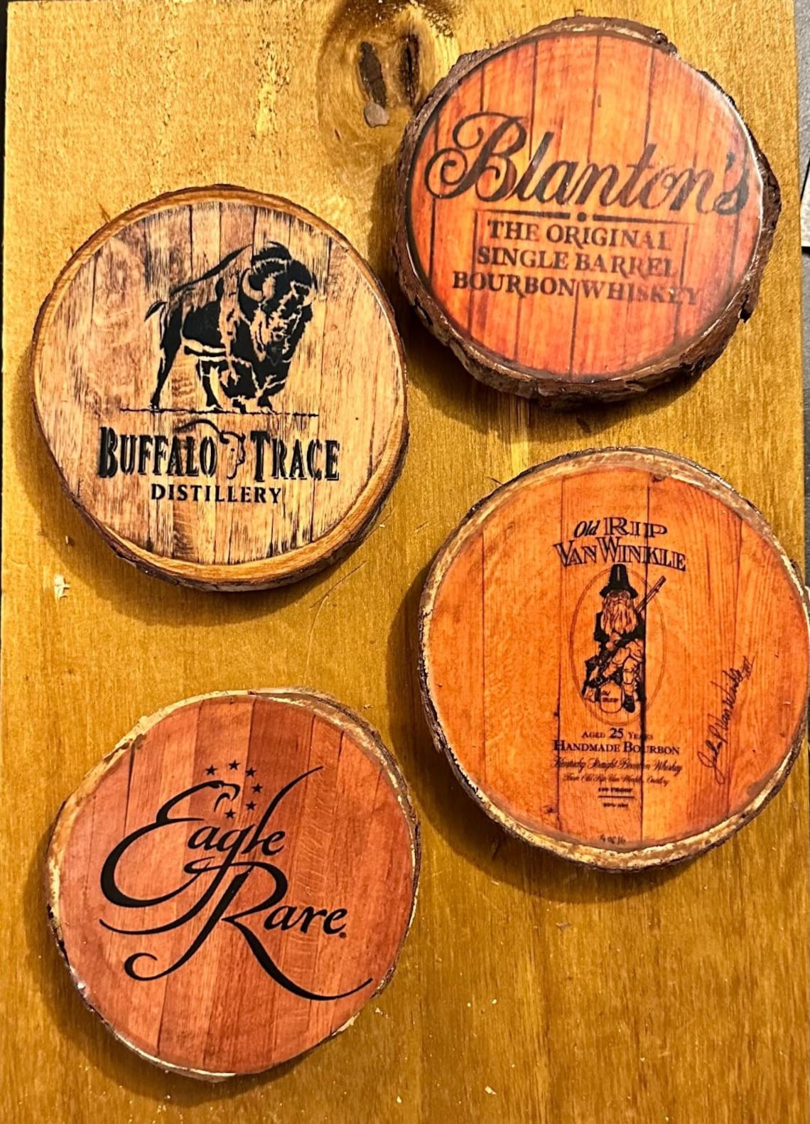 Rustic Wood Bourbon Coaster Set Blanton's, Eagle Rare, Buffalo Trace ...