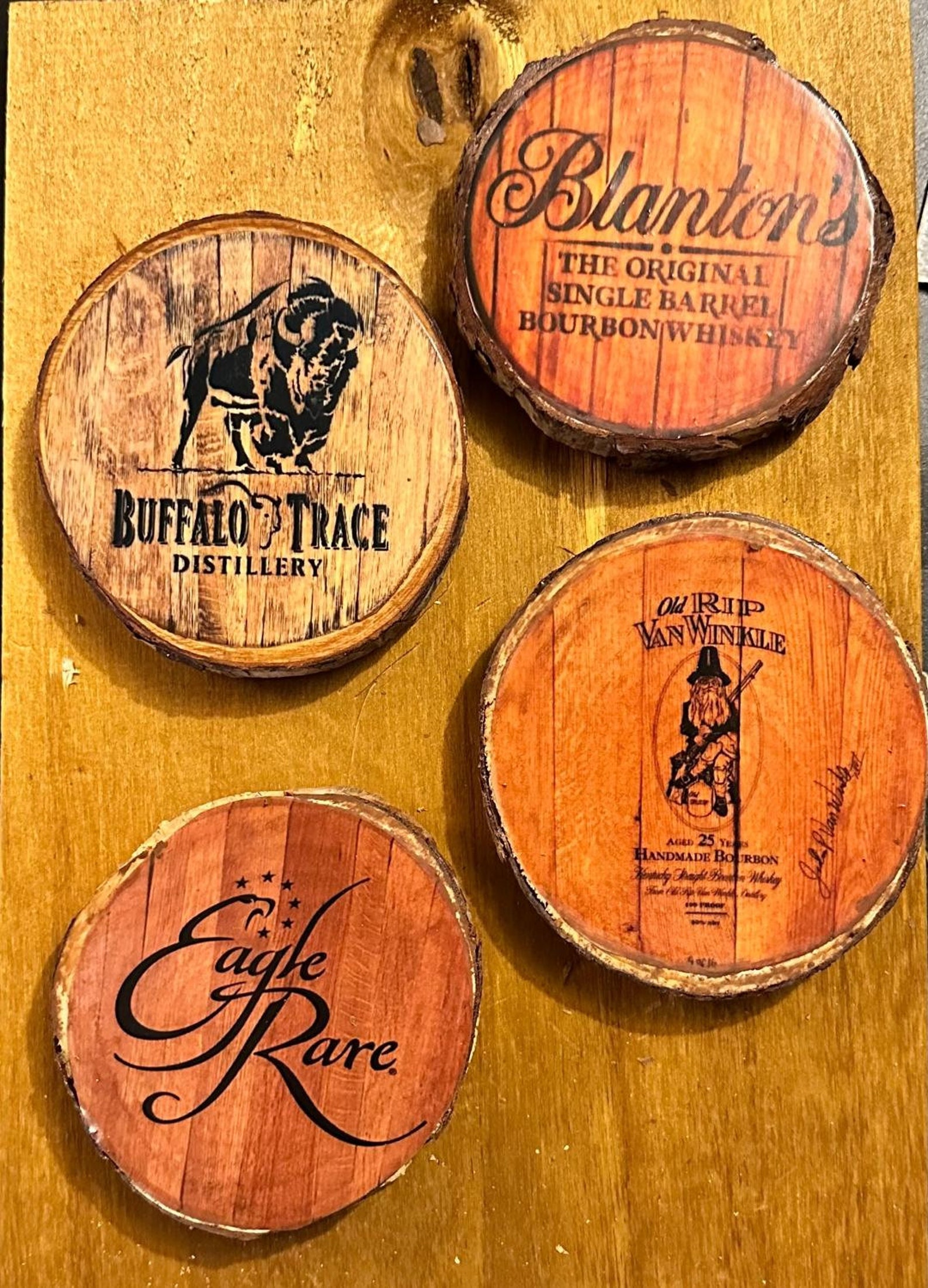 Rustic Wood Bourbon Coaster Set Blanton's, Eagle Rare, Buffalo Trace ...