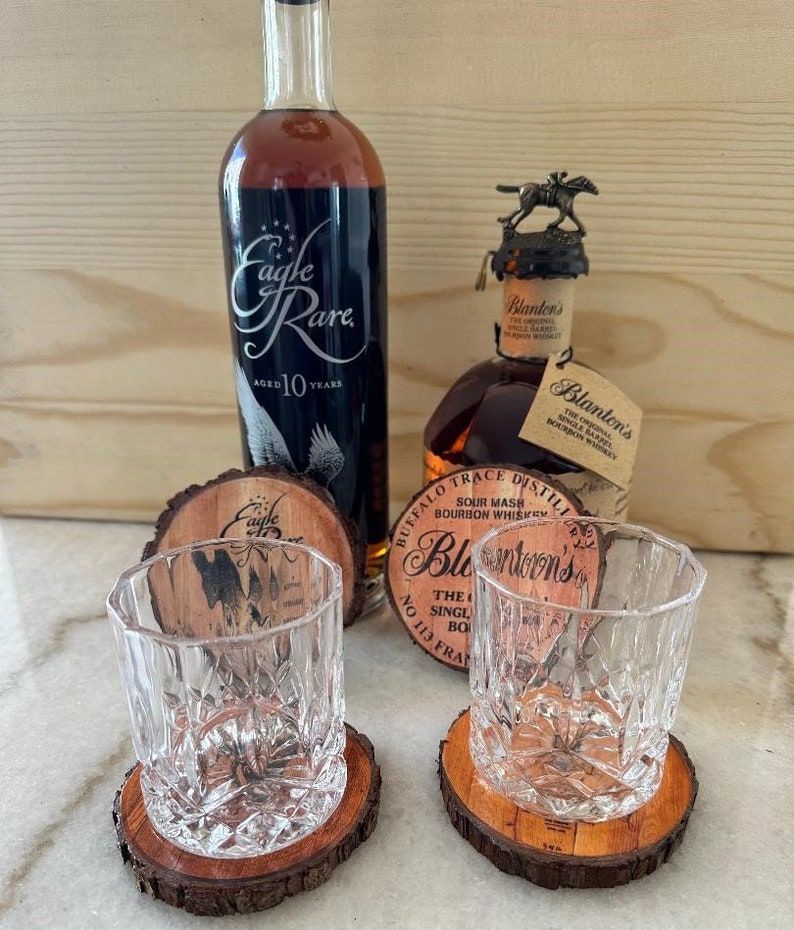 Rustic Wood Bourbon Coaster Set Blanton's, Eagle Rare, Buffalo Trace ...