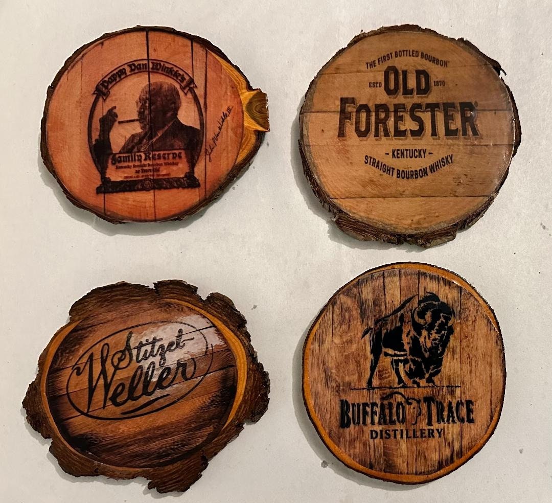 Rustic Bourbon Coaster Set - Pappy Van Winkle, Old Forester, Buffalo ...