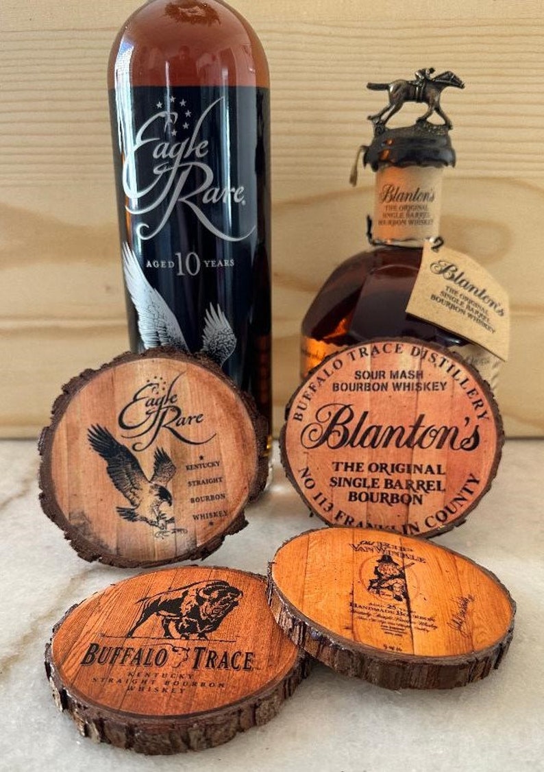 Rustic Wood Bourbon Coaster Set Blanton's, Eagle Rare, Buffalo Trace ...