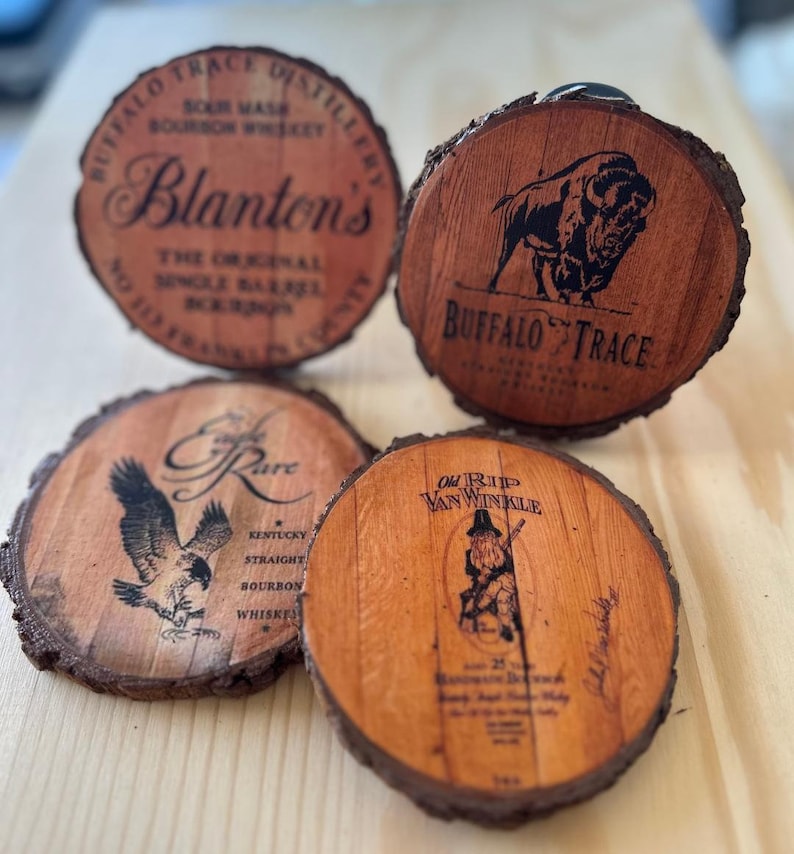 Rustic Wood Bourbon Coaster Set Blanton's, Eagle Rare, Buffalo Trace ...