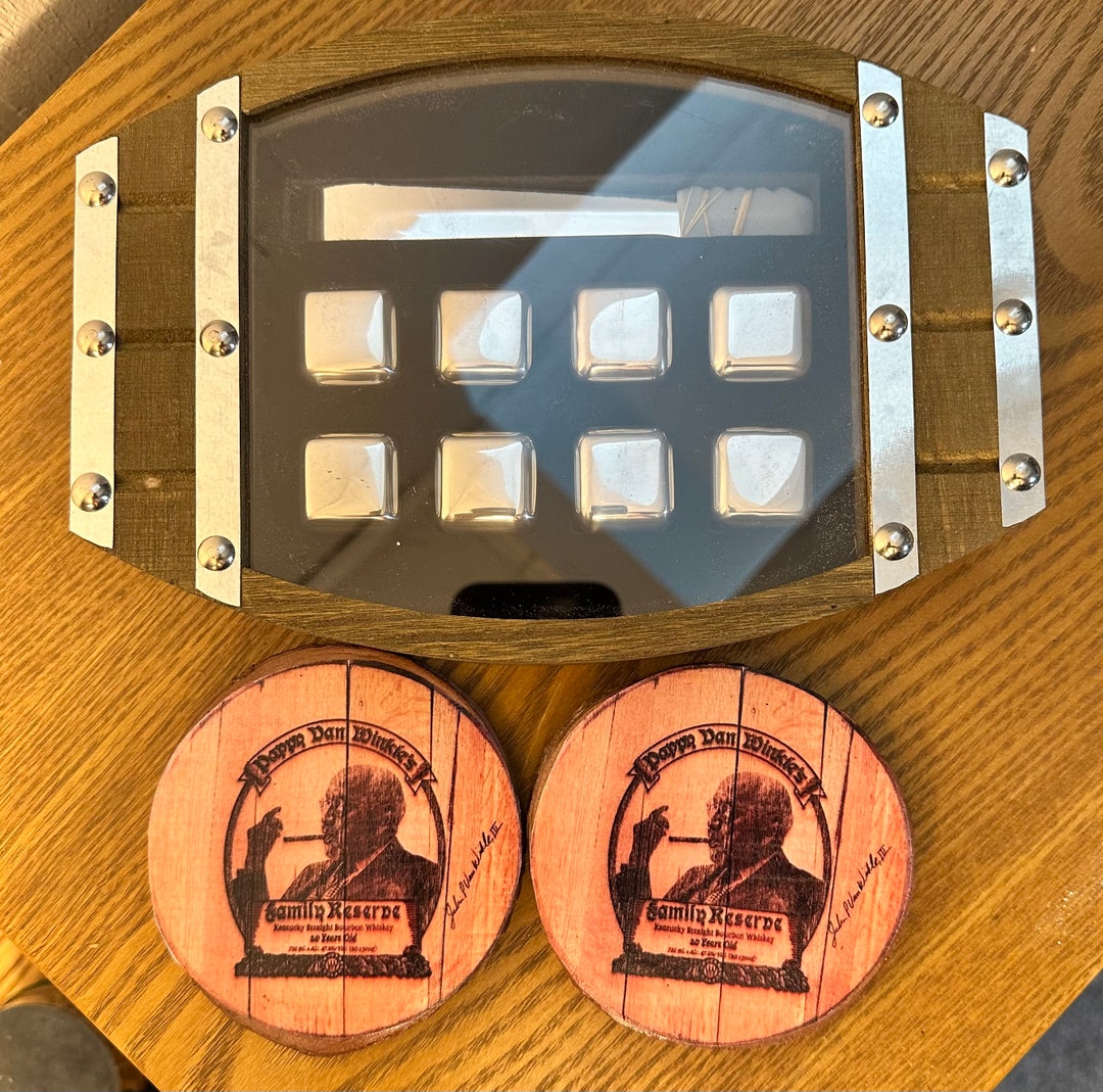 Rustic Pappy Van Winkle Bourbon Coasters & 8 Whiskey Stones Set - Tongs ...