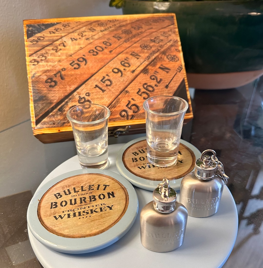 Boxed Bulleit Bourbon Gift Set 2 Flasks 2 Ceramic Coasters - Etsy