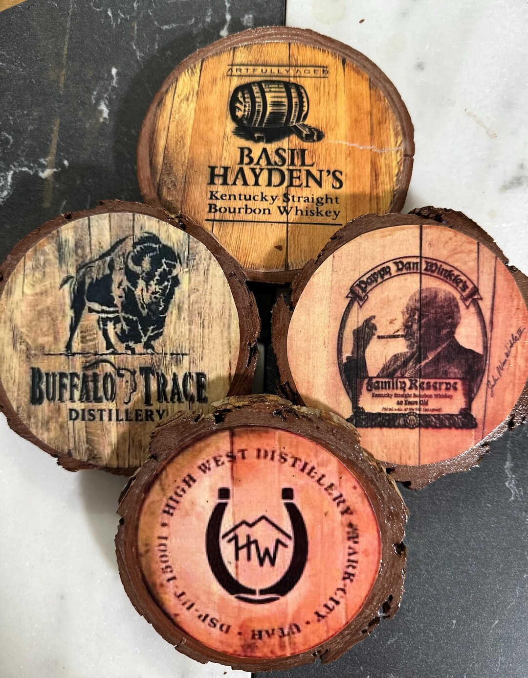 Sustainable Rustic Live Edge Wood Bourbon Coaster Gift Set - Angels ...