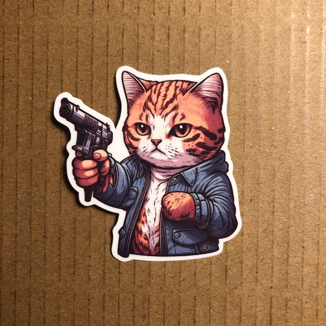 Cat Holding Gun Sticker, Cute Sticker, Vinyl Sticker - Etsy