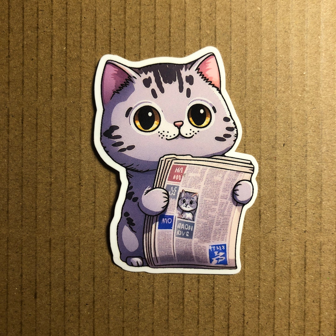 Cat Sticker Holding Newspaper, Cute Sticker, Vinyl Sticker - Etsy
