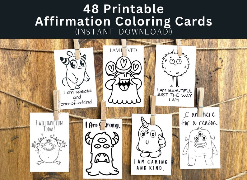 Printable Affirmation Coloring Cards, Fun Monsters for Kids - Etsy