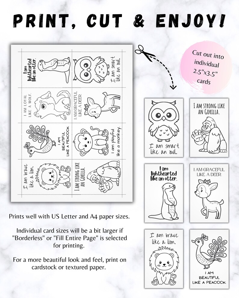 Printable Affirmation Coloring Cards, Adorable Zoo and Safari Animals ...