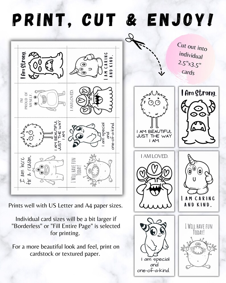 Printable Affirmation Coloring Cards, Fun Monsters for Kids - Etsy