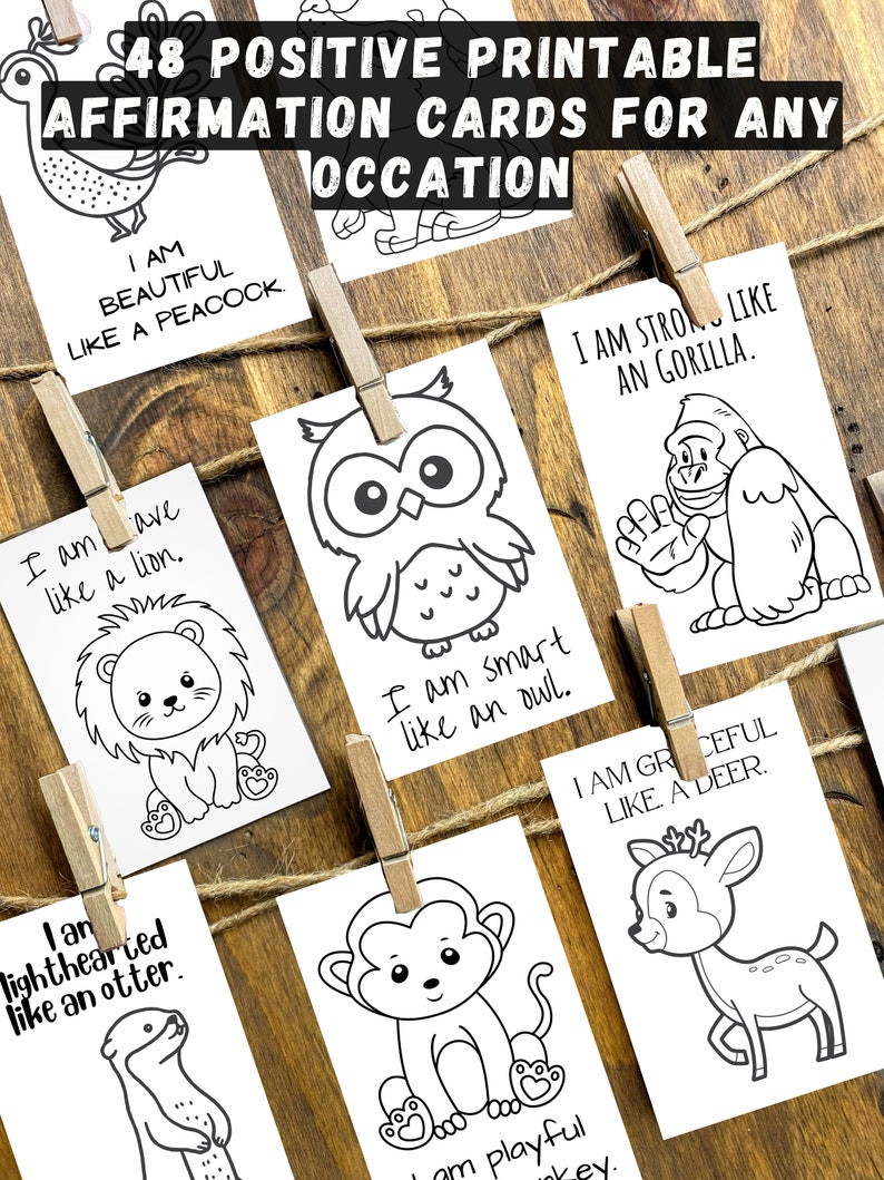 Printable Affirmation Coloring Cards, Adorable Zoo and Safari Animals ...