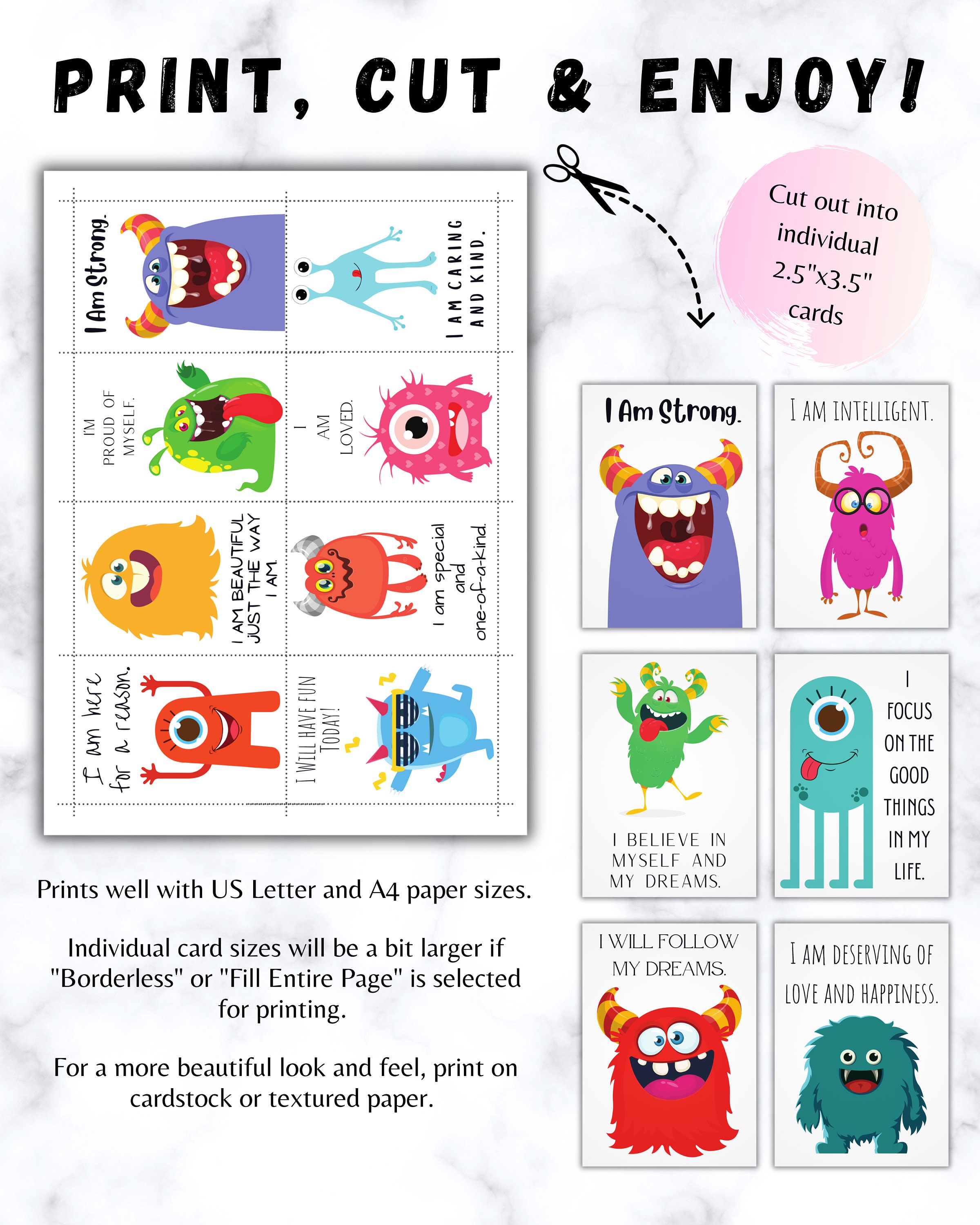Printable Affirmation Cards, Fun Monsters for Kids - Etsy
