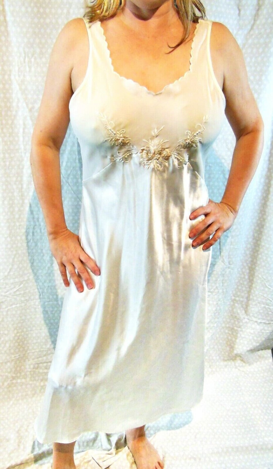 Intimo Amore Creamy White Satin & Sheer Chiffon Embroidered Long Gown M L Nwot - Etsy