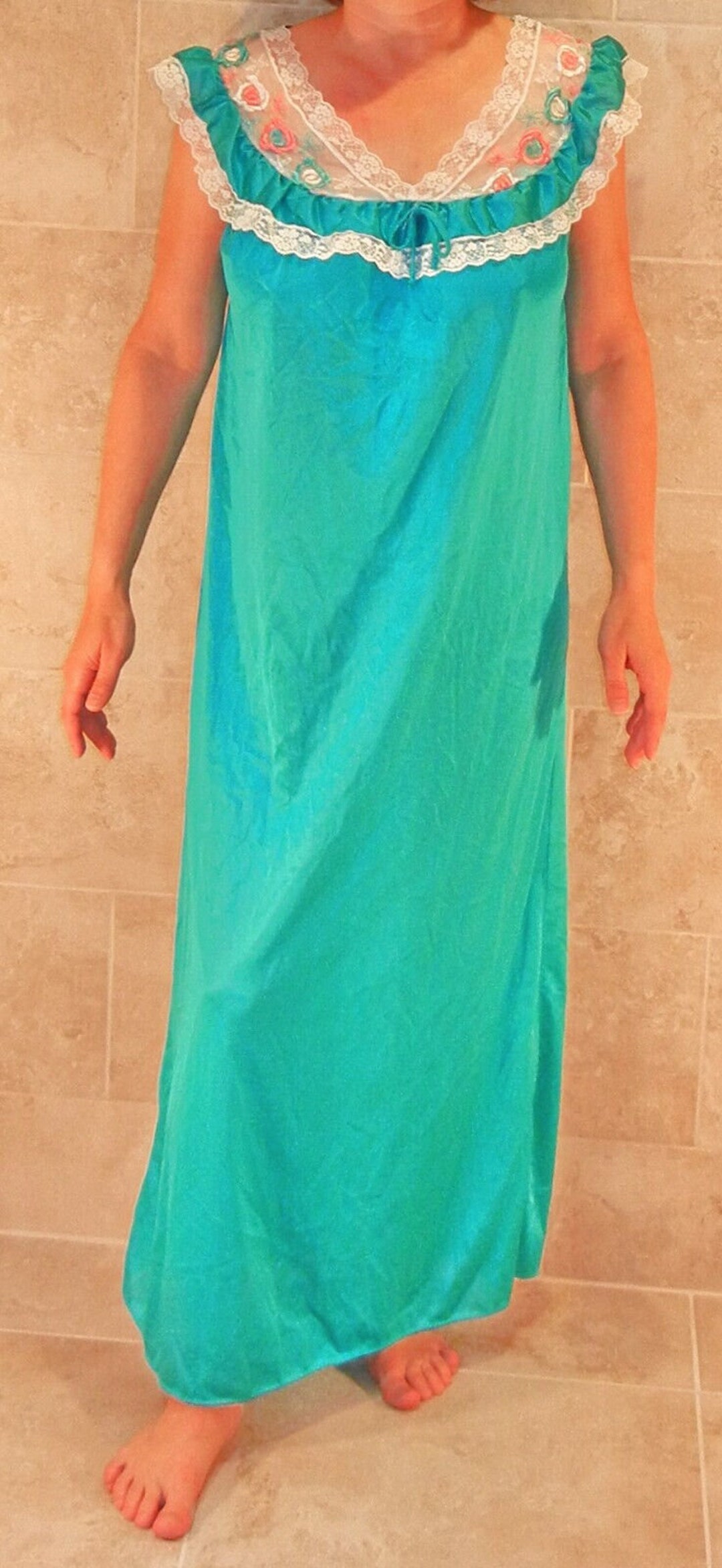 Natalie Creations Dreamy Long Nightgown Blue Green Sheer Slippery Nylon ...