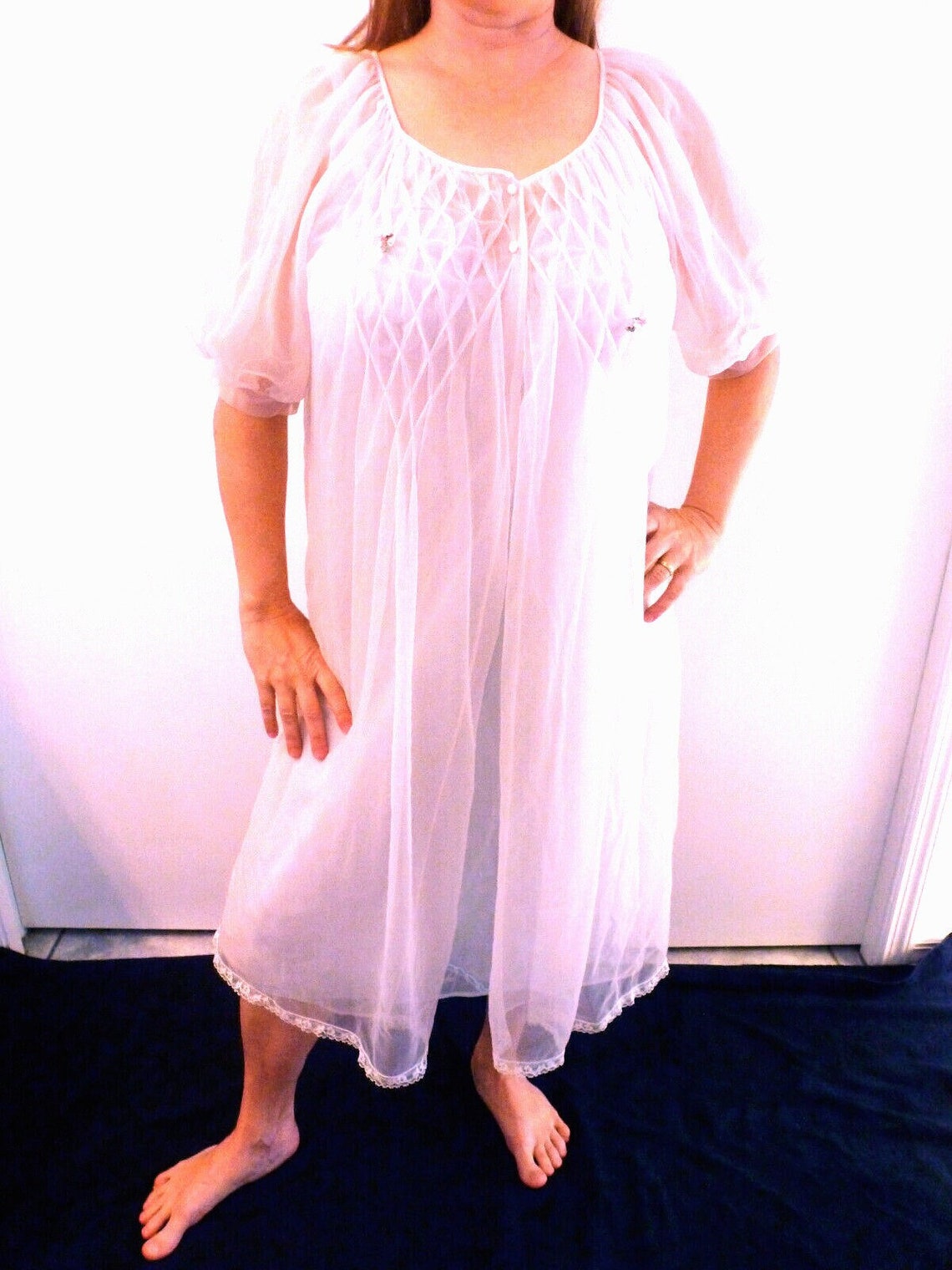 Miss Elaine Elegant Pink Sheer Lacy Chiffon Diamond Weave Peignoir Robe ...