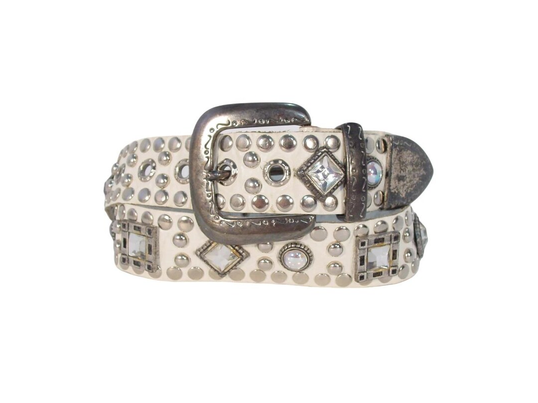 SAND CASTLE Vintage Studded and Crystal Ivory Leather Belt Women's M ...