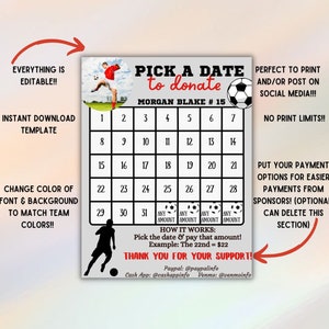 EDITABLE Soccer Template Pick a Date Fundraiser Calendar Sponsor a Date ...