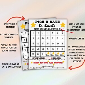 EDITABLE All Purpose Template Pick a Date Fundraiser Calendar Sponsor a ...