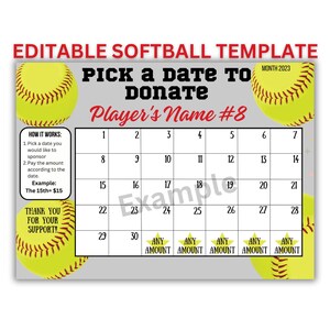 EDITABLE SOFTBALL Template, Pick a Date to Donate, Fundraiser Calendar ...