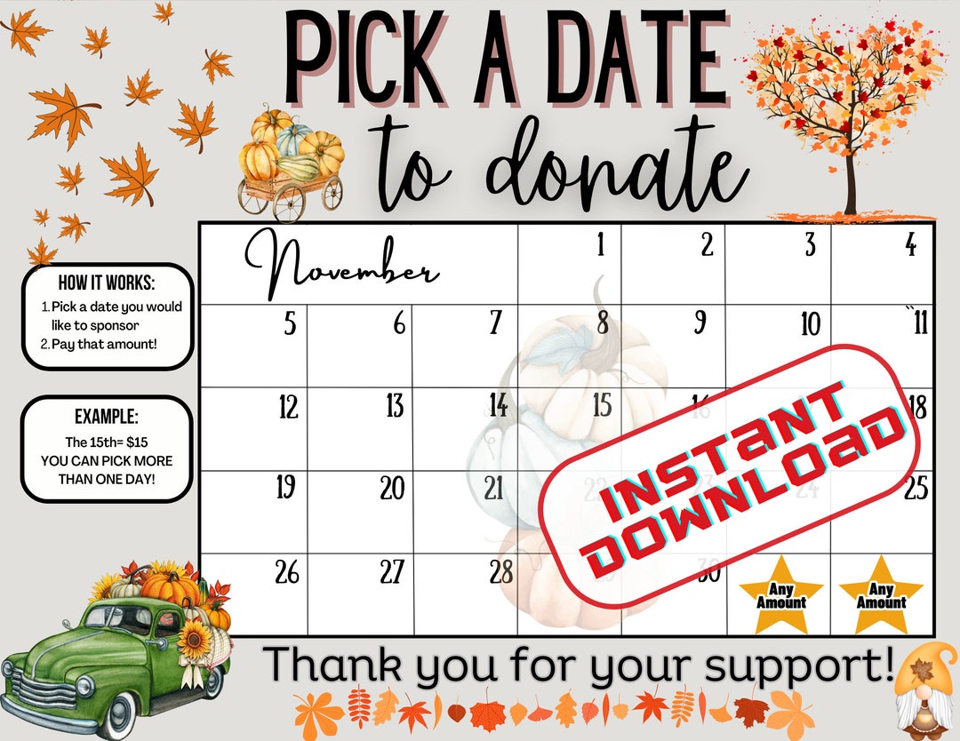 November Pick a Date to Donate, All Purpose, Pay the Date, November ...
