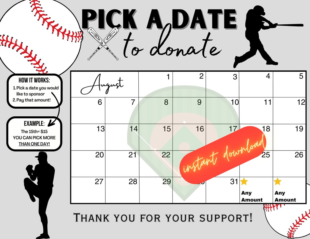 Baseball August Pick a Date to Donate, Baseball Calendar Fundraiser ...