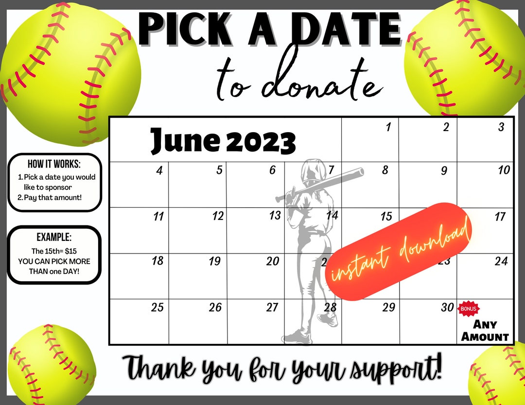Softball June Pick a Date to Donate June Softball Fundraiser - Etsy