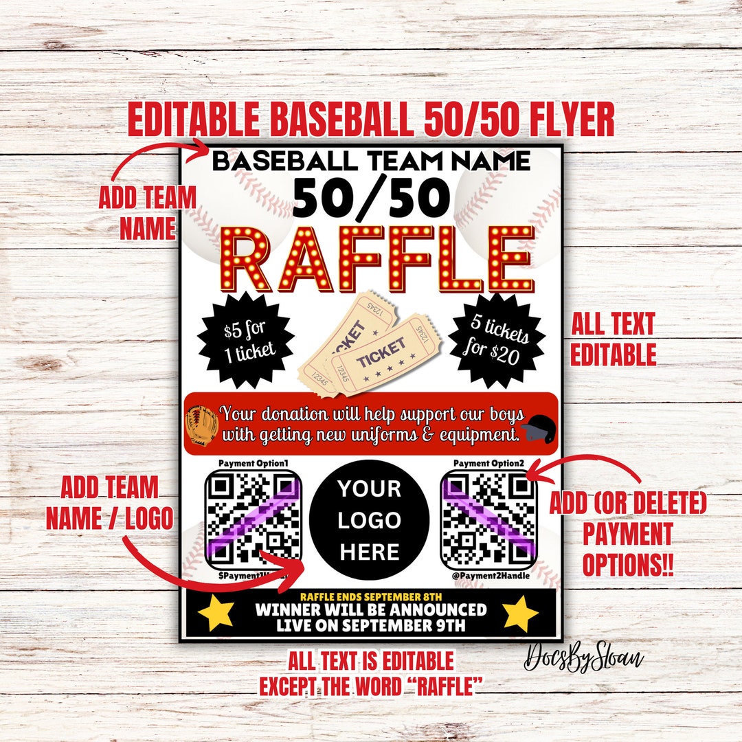 EDITABLE Baseball 50/50 Flyer Template, Baseball Fundraiser, Fundraiser ...