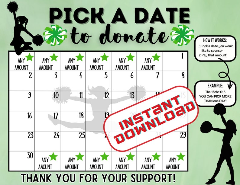 Cheer GREEN Pick a Date to Donate, INSTANT, Fundraiser, Pay the Date ...