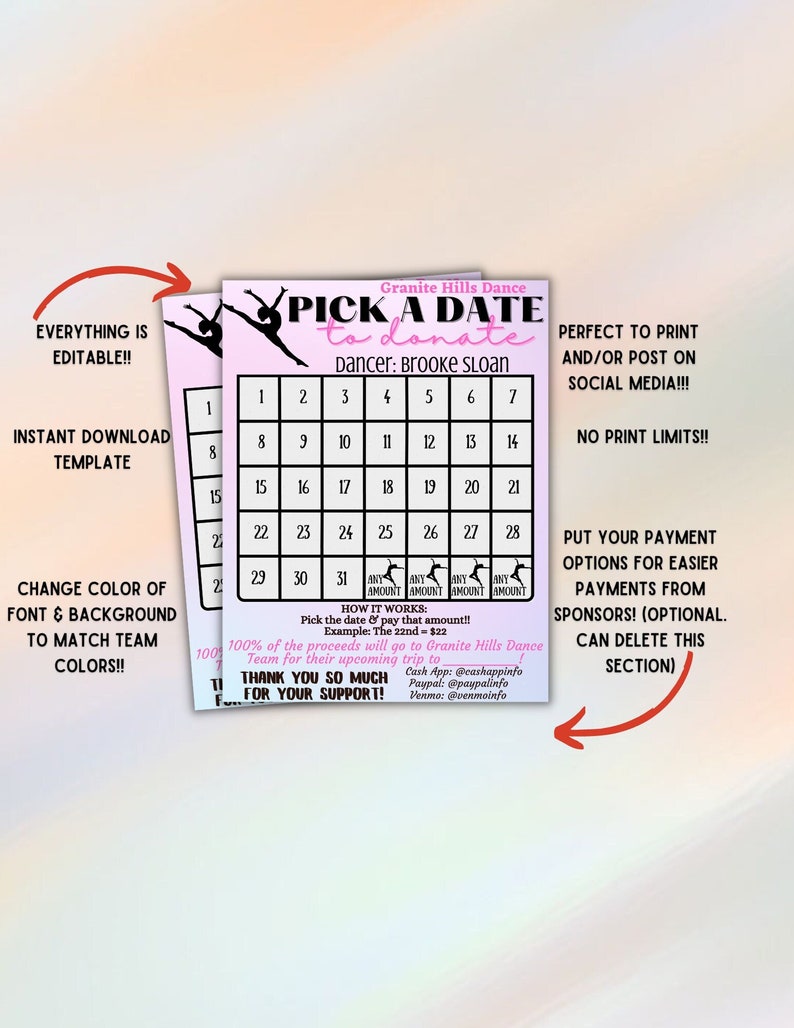 EDITABLE DANCE Template Pick a Date to Donate Fundraiser Pay - Etsy